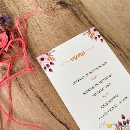 Menu de mariage sur le thème de fleurs séchées